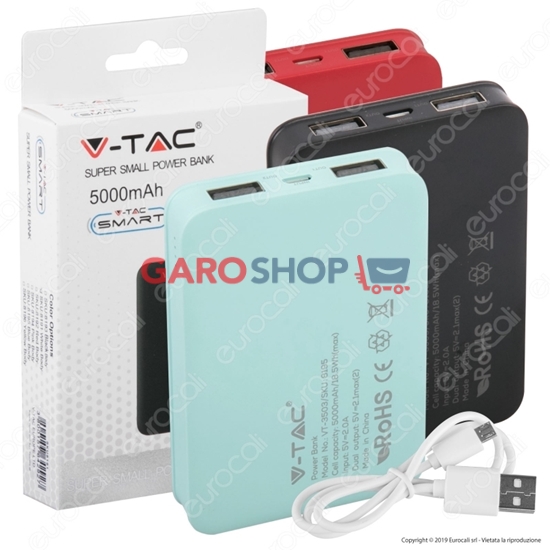 GaroShop. V-TAC VT-3503 POWER BANK PORTATILE 5000 MAH 2 USCITE USB 2,1A