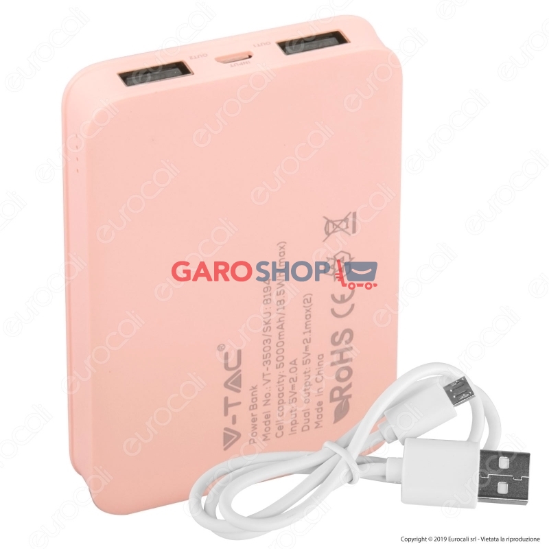 GaroShop. V-TAC VT-3503 POWER BANK PORTATILE 5000 MAH 2 USCITE USB 2,1A