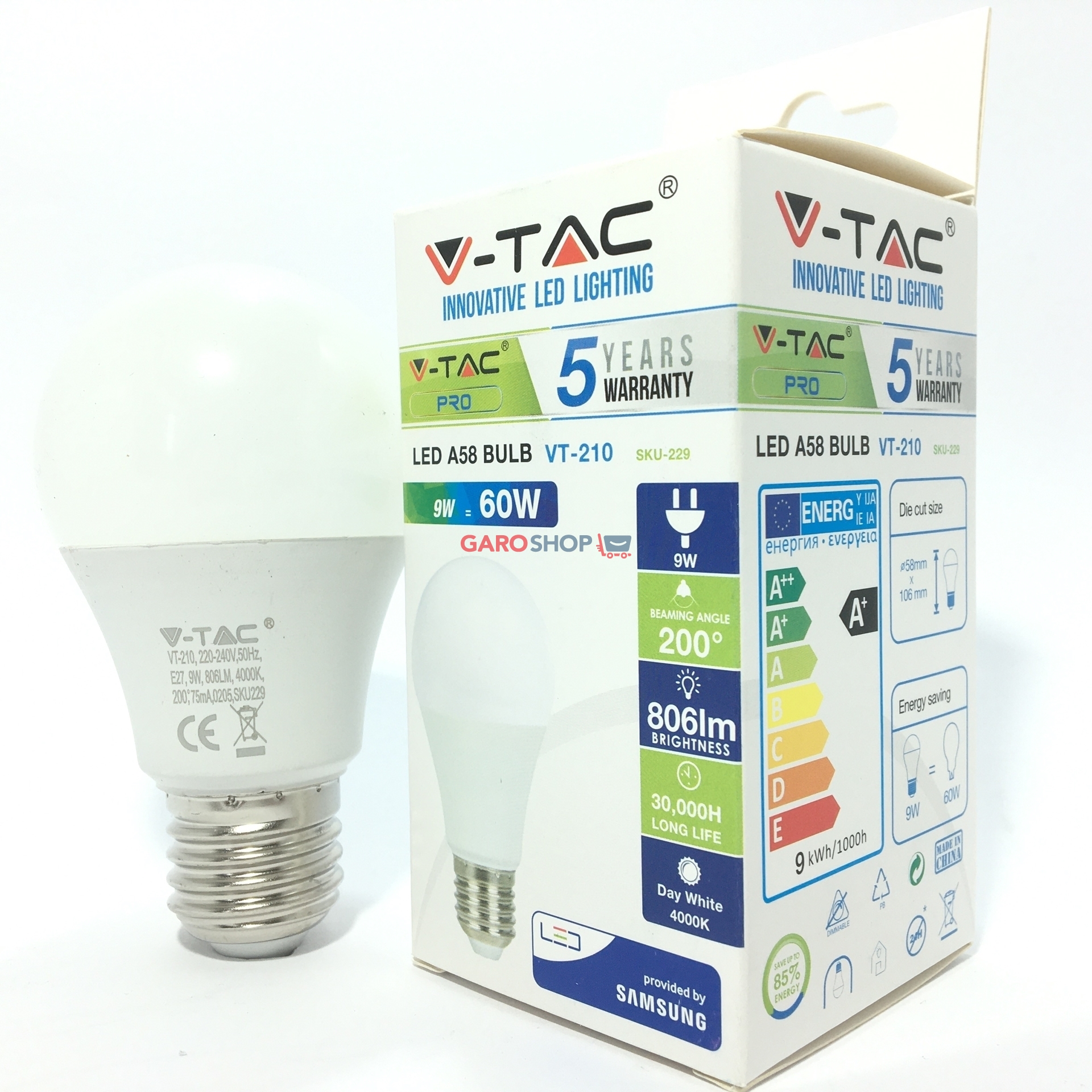 GaroShop. V-TAC PRO VT-209 LAMPADINA LED E27 9W BULB A58 CHIP SAMSUNG