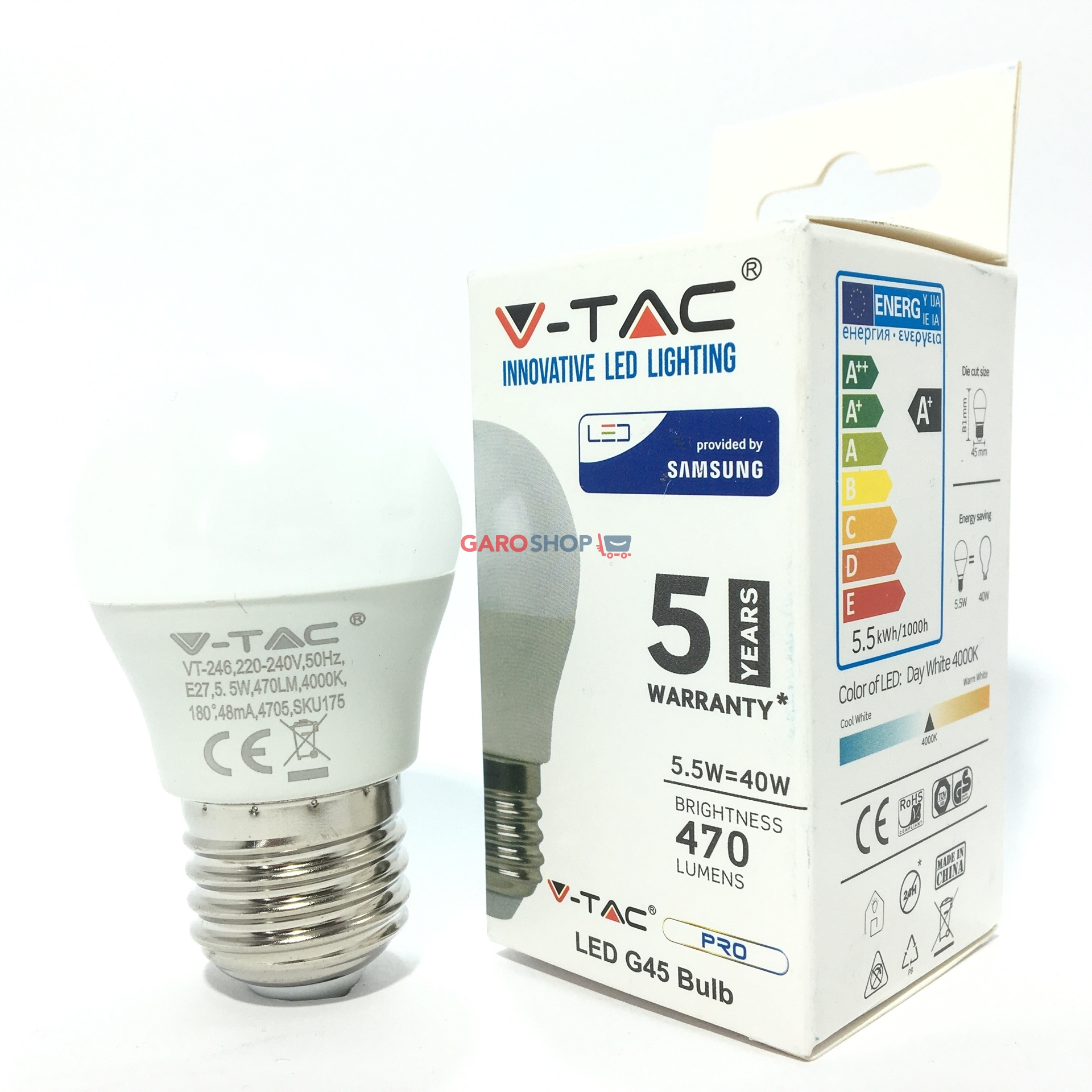 GaroShop. V-TAC PRO VT-246 LAMPADINA LED E27 5,5W MINIGLOBO G45 CHIP SAMSUNG