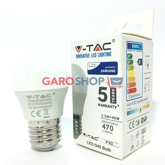 GaroShop. V-TAC PRO VT-246 LAMPADINA LED E27 5,5W MINIGLOBO G45 CHIP SAMSUNG