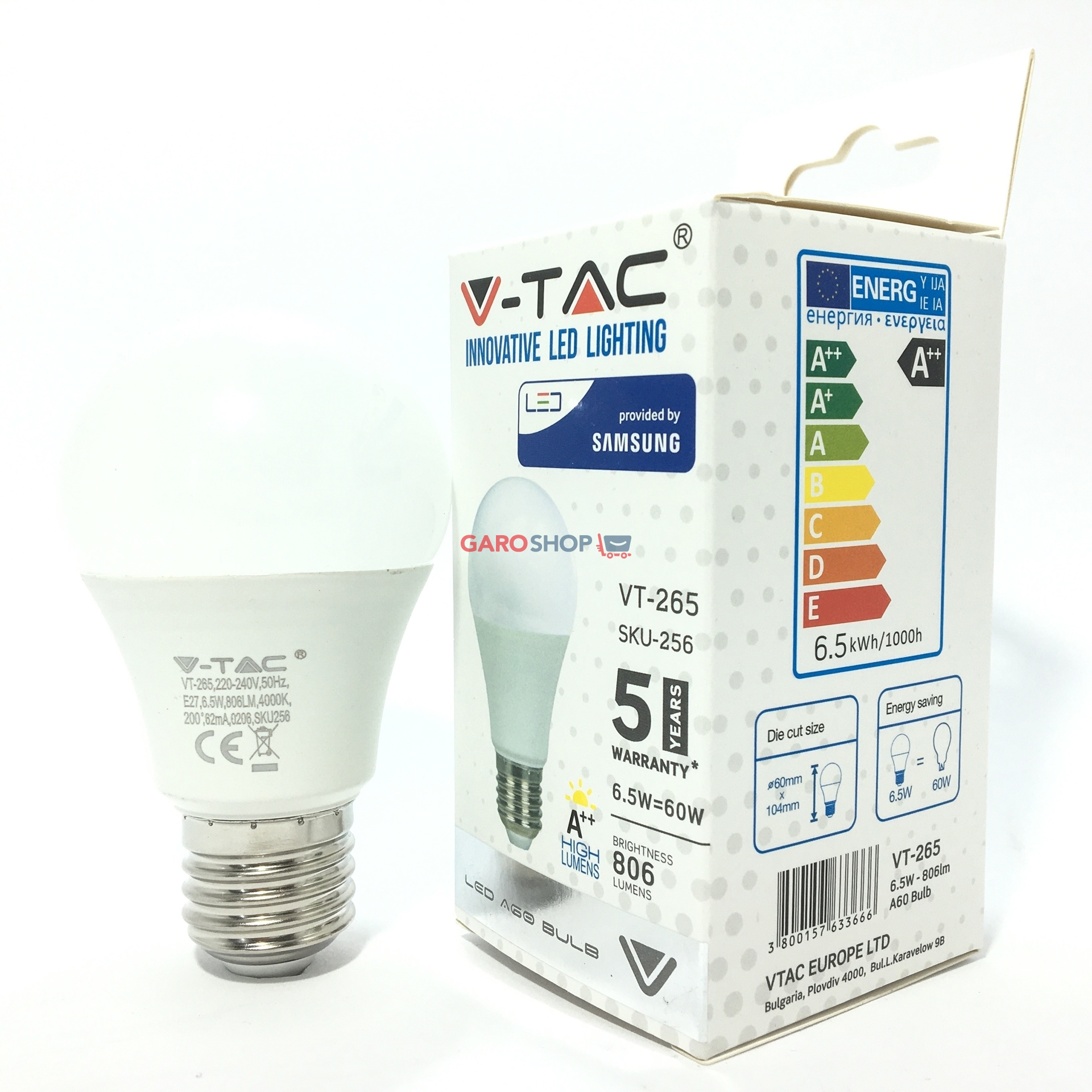 GaroShop. V-TAC PRO VT-265 LAMPADINA LED E27 6,5W BULB A60 CHIP SAMSUNG