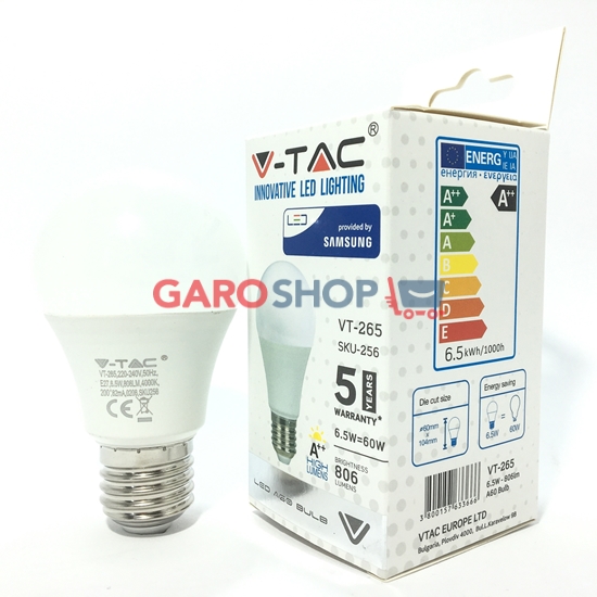 GaroShop. V-TAC PRO VT-265 LAMPADINA LED E27 6,5W BULB A60 CHIP SAMSUNG