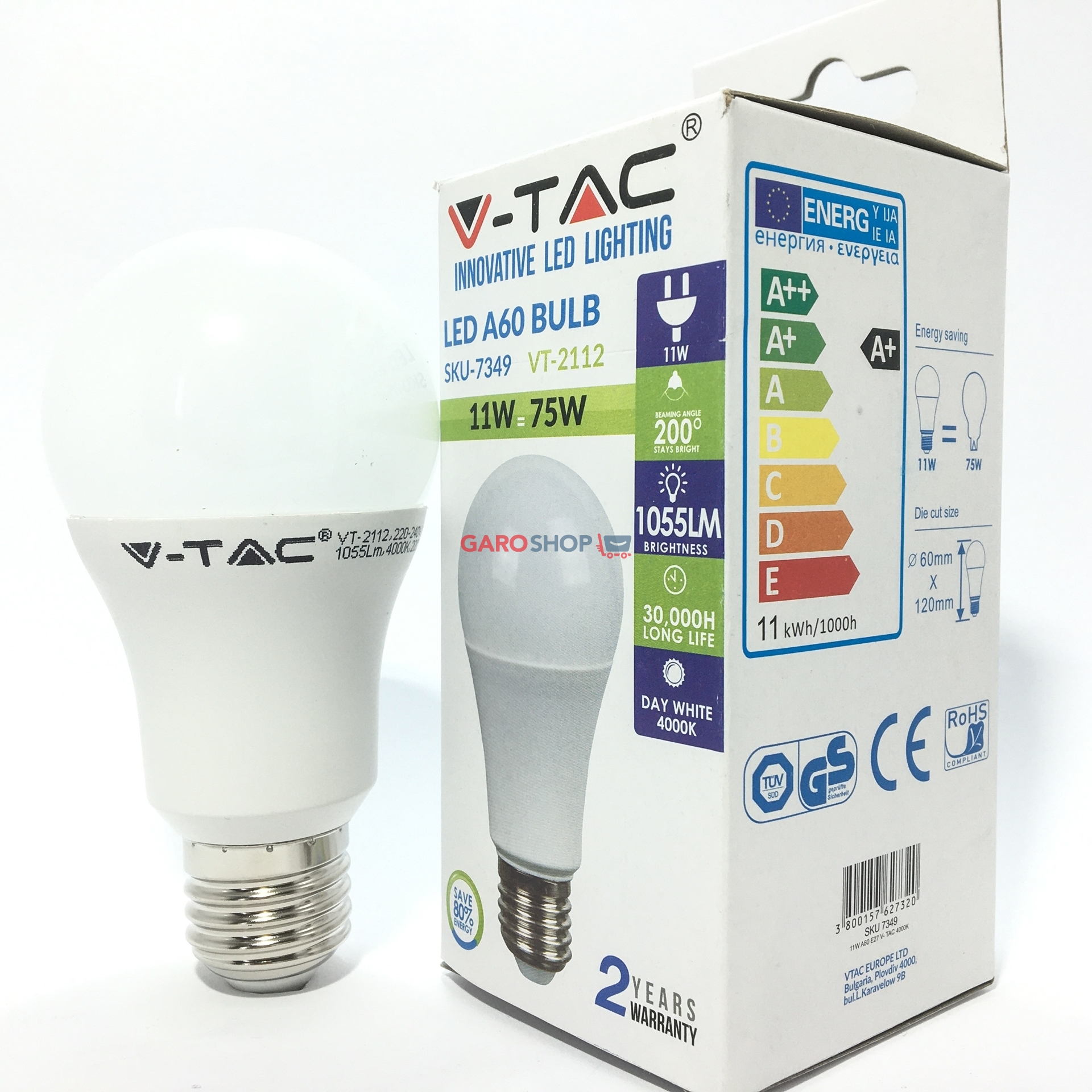 GaroShop. V-TAC VT-2112 LAMPADINA LED E27 11W BULB A60