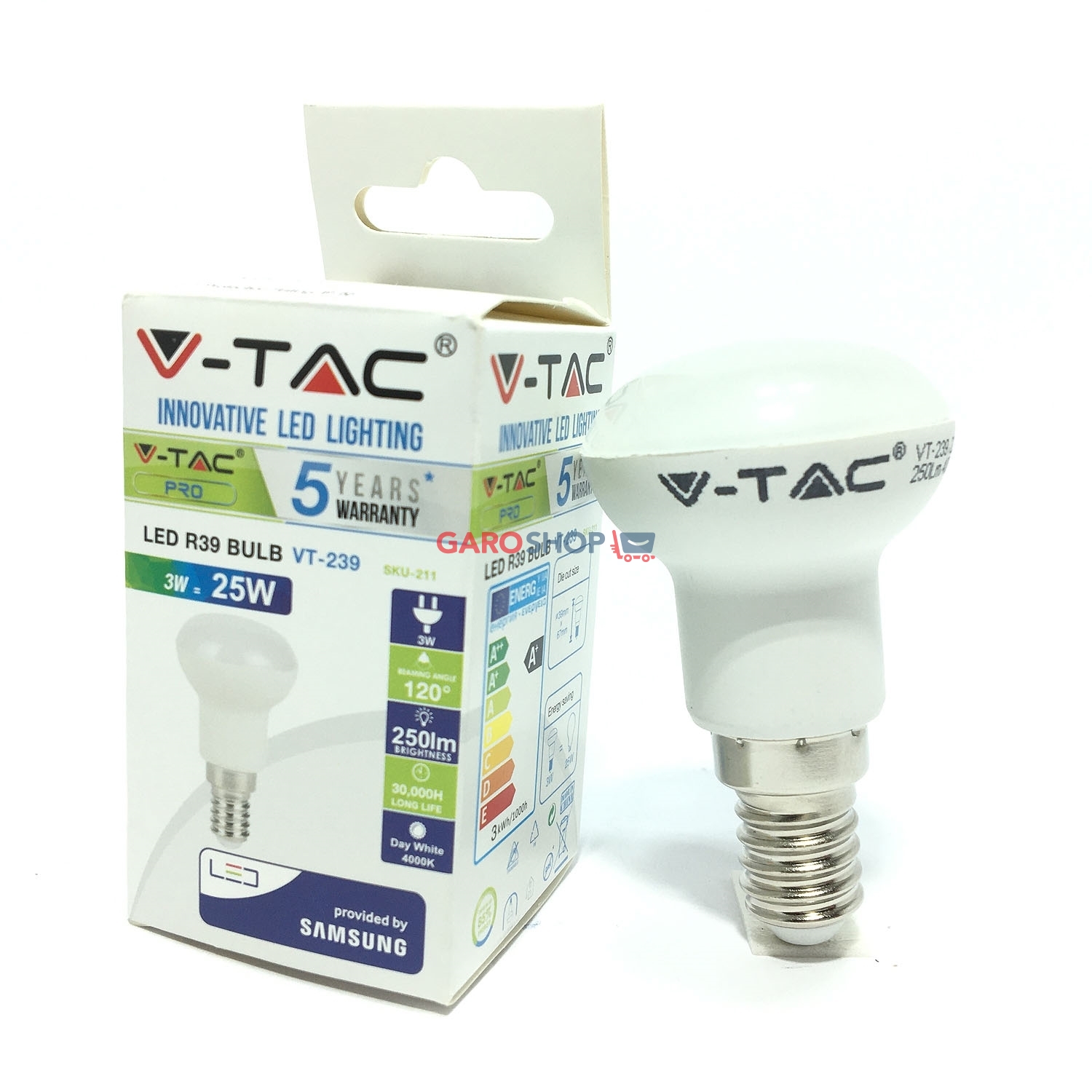GaroShop. V-TAC PRO VT-239 LAMPADINA LED E14 3W BULB REFLECTOR R39 CHIP SAMSUNG