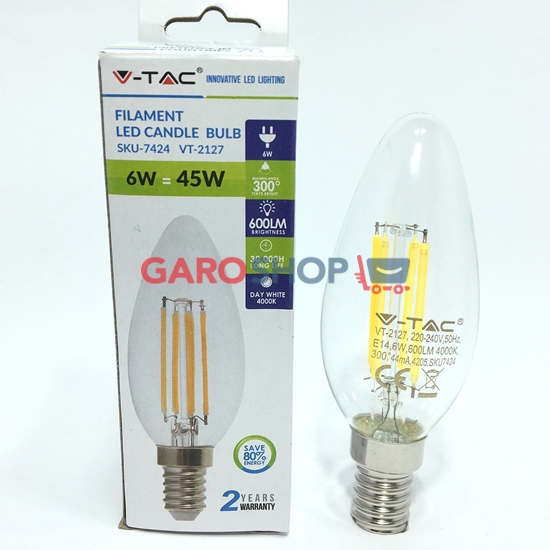 GaroShop. V-TAC VT-2127 LAMPADINA LED E14 6W CANDELA FILAMENTO